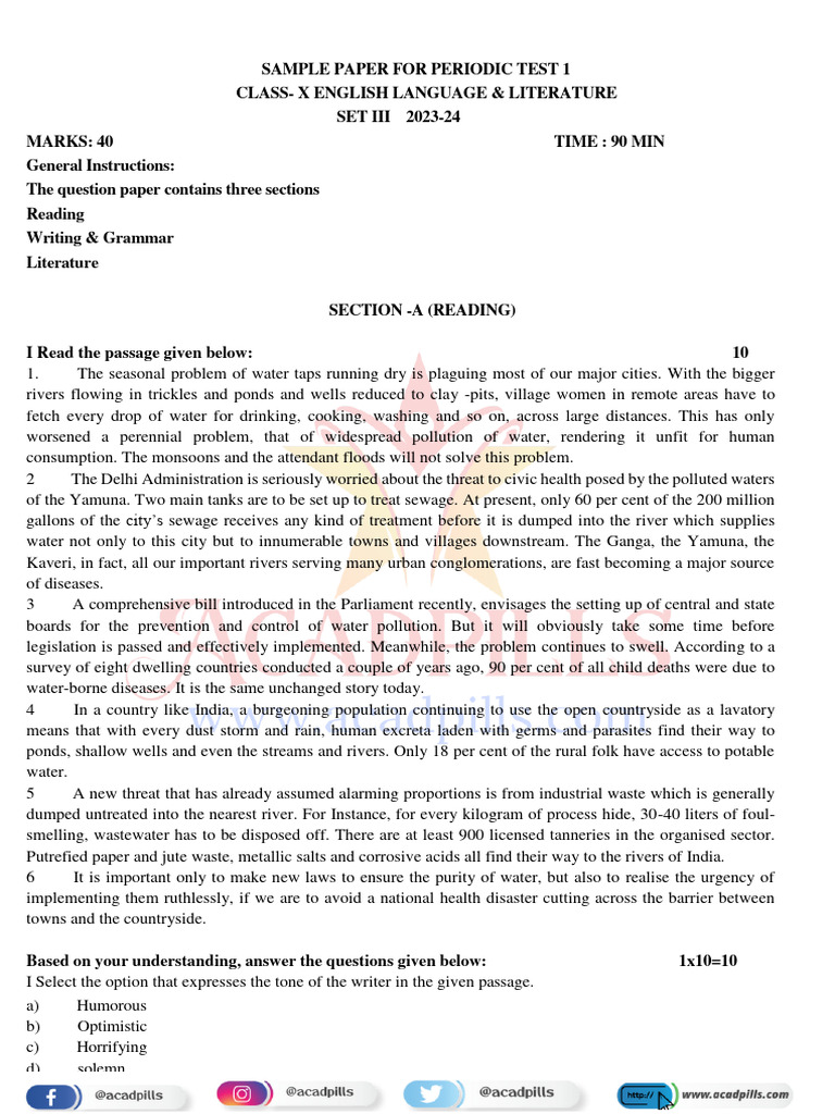 Eng Lang & Lit Class-10th PT-1, Set-3 2023-24 | PDF | Water | Water ...