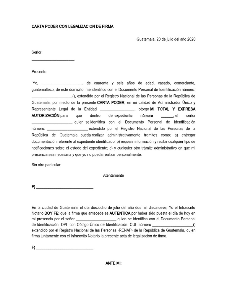 Minuta Carta Poder Con Legalizacion de Firma | PDF