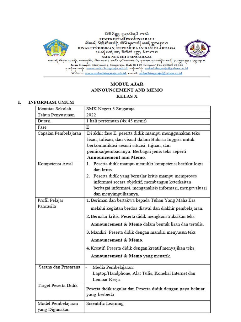 MODUL AJAR Announcement & Memo X | PDF