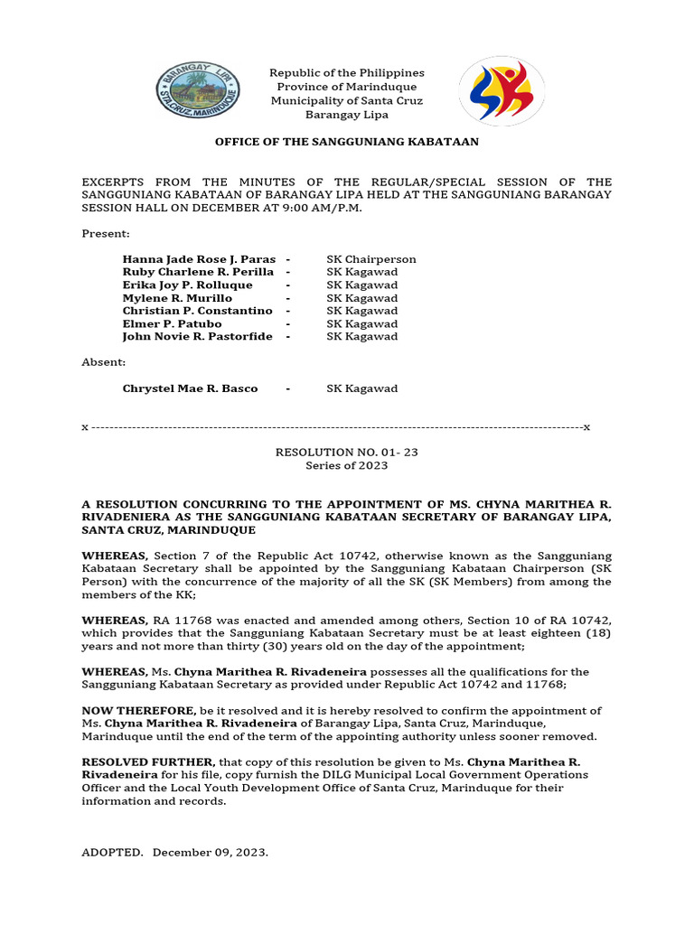 01 23 SK Reso For Appointment of SK Secretary | PDF | Local Government ...