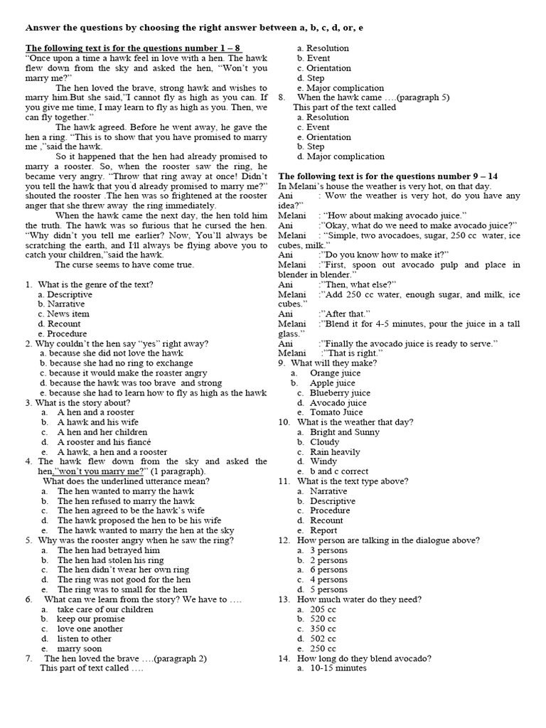 Hawk, Hen, and Rooster Story Quiz | PDF | Language Arts & Discipline