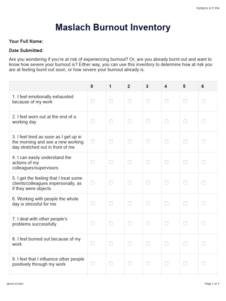 Maslach's Burnout Inventory | PDF | Occupational Burnout ...