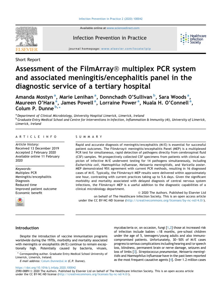 Assessment of The FilmArray Multiplex PCR System and Asso 2020 Infection PR | PDF | Meningitis ...