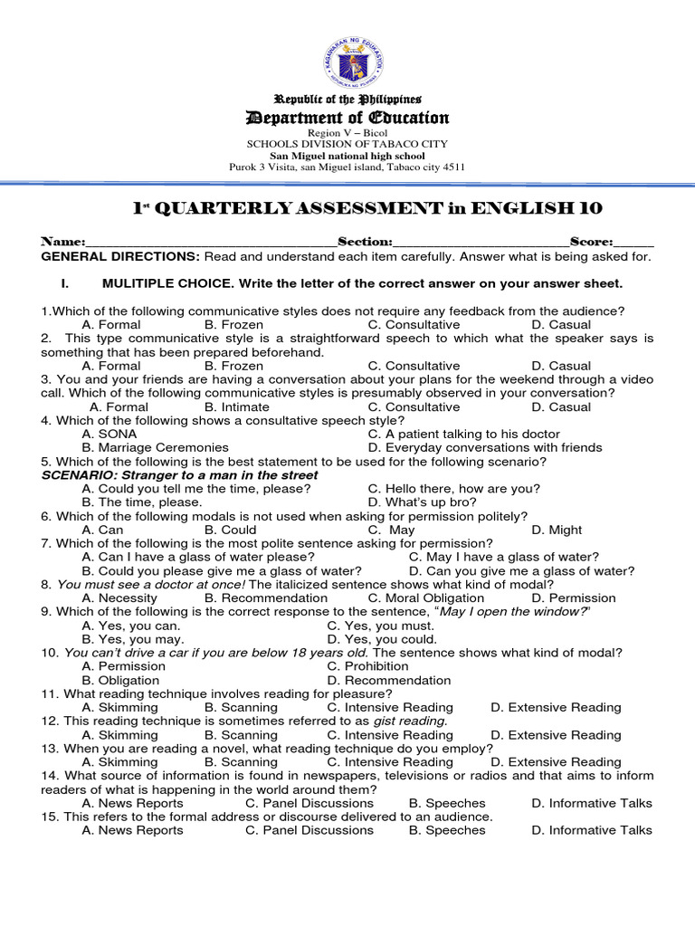 1st Quarterly Assessment in English 10 | PDF | Chart
