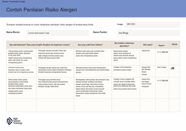 Allergen Risk Assessment For Catering Example | PDF