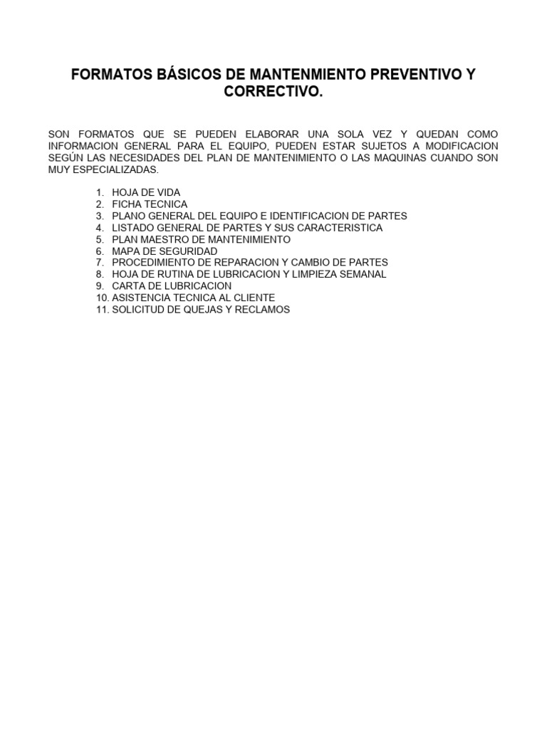 Formato Basico de Mantenimiento Preventivo y Correctivo | PDF