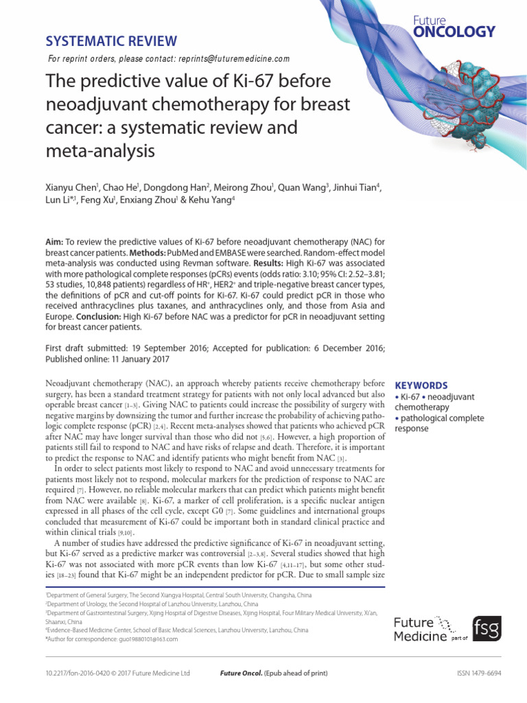 The Predictive Value of Ki-67 Before Neoadjuvant Chemotherapy For Breast Cancer - A Systematic ...