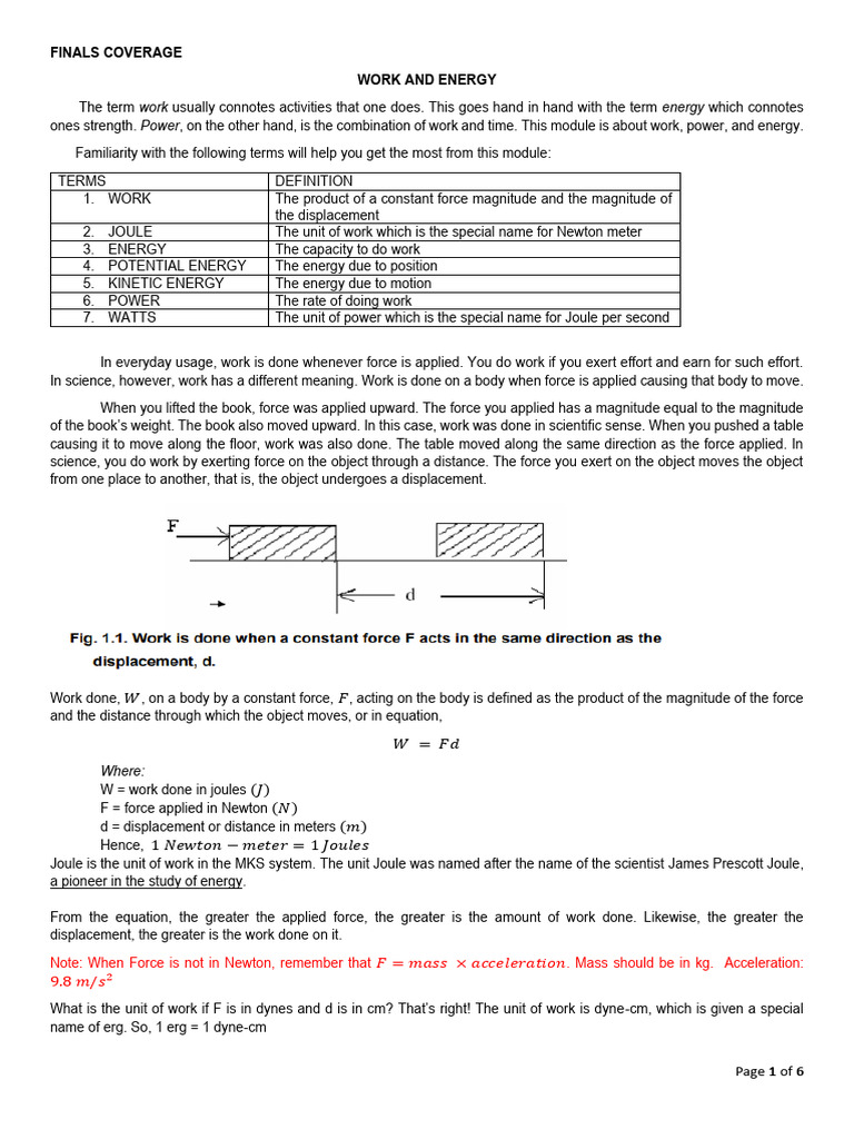 Finals Coverage (Work and Energy) | PDF | Potential Energy | Force