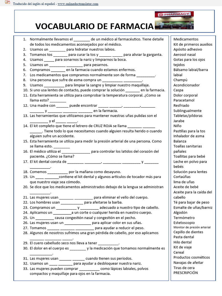 Pharmacy-Vocabulary-Worksheet - Students - En.es | PDF | Productos ...