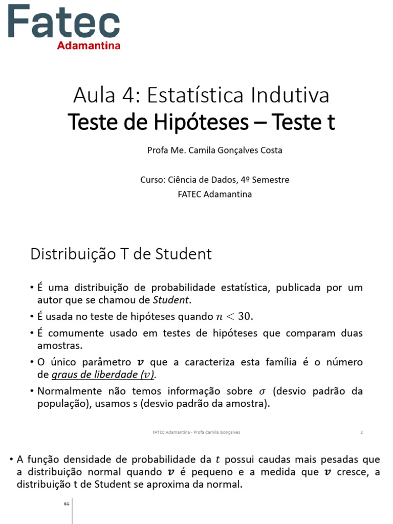 Teste t de Student em Hipóteses | PDF | Teste T de Student | Ensino de ...