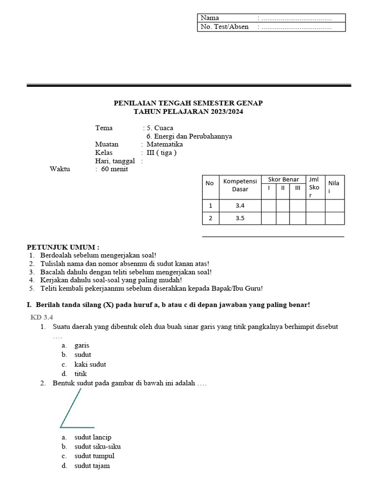 Soal PTS Genap Matematika Kelas 3 | PDF