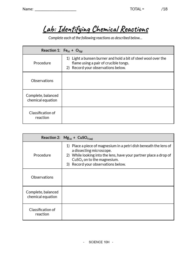 Chemical Reactions Lab Worksheet | PDF | Magnesium | Chemical Reactions