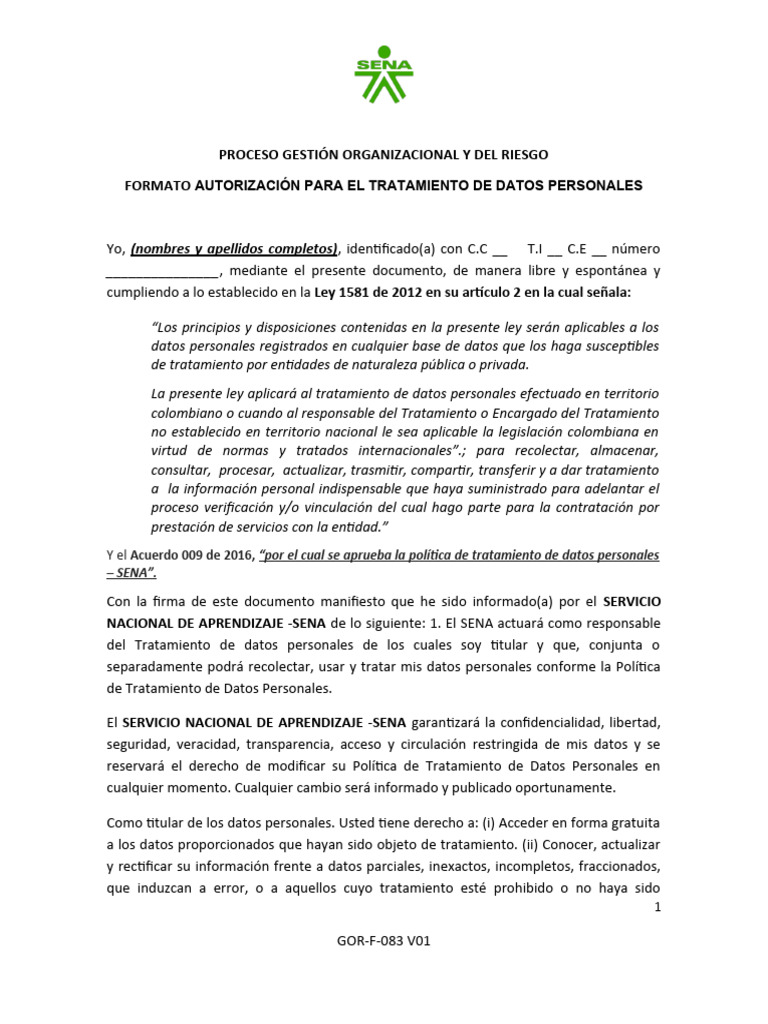 GOR-F-083 Autorización para El Tratamiento de Datos Personales V01 | PDF