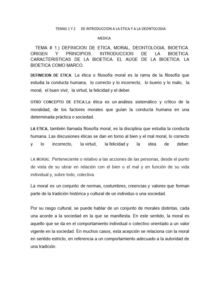 Temas 1 y 2 de Introduccion A La Etica y A La Deontologia | PDF | Moralidad | Bioética