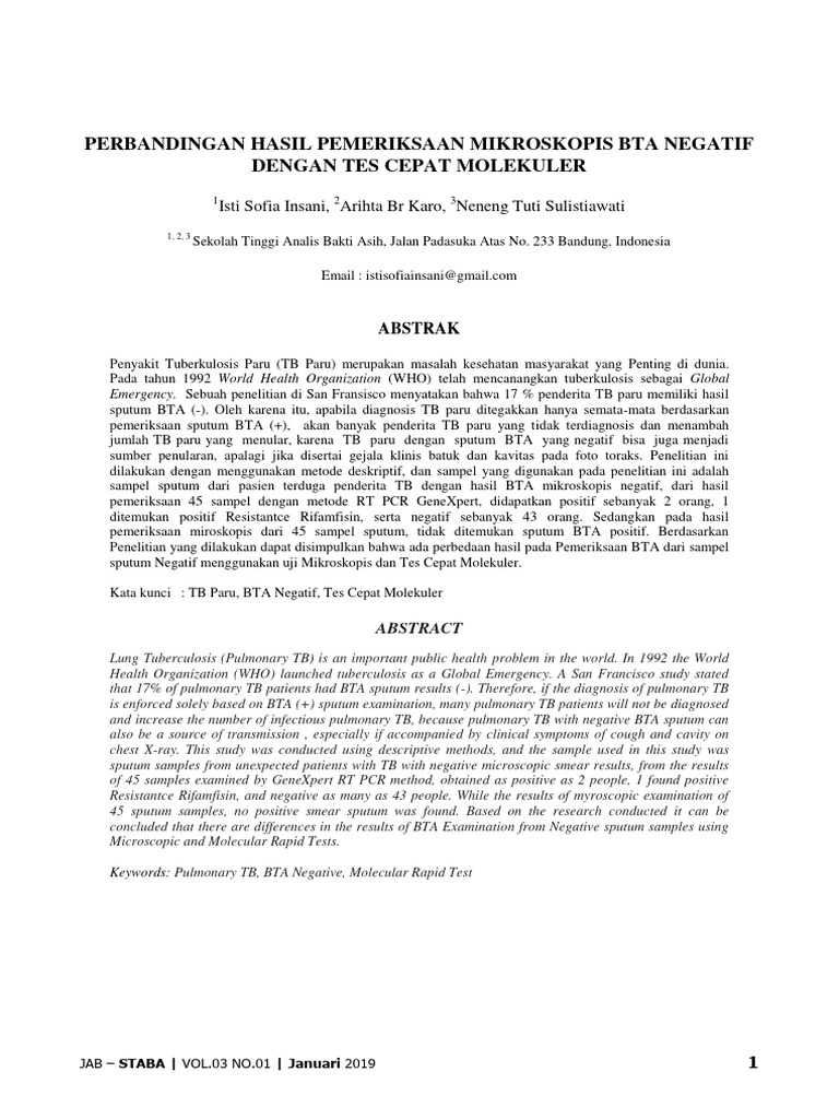 Perbandingan Hasil Pemeriksaan Mikroskopis Bta Negatif Dengan Tes Cepat ...