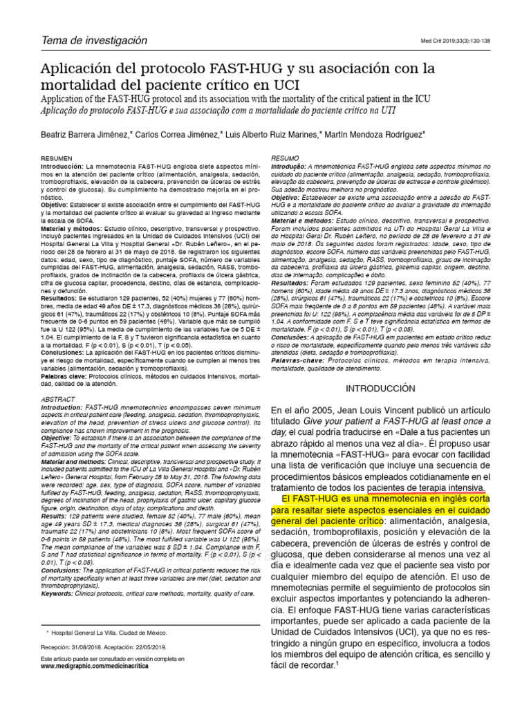 Protocolo FAST HUG | PDF | Unidad de Cuidados Intensivos | Medicina