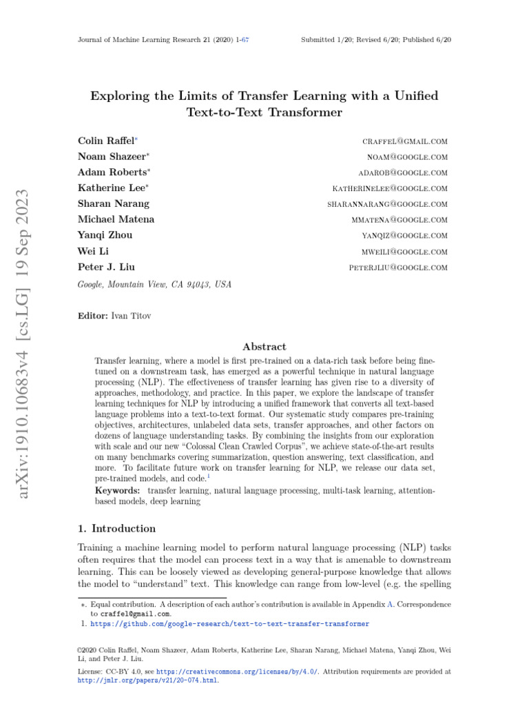 Exploring The Limits of Transfer Learning With A Unified Text-to-Text Transformer | PDF ...
