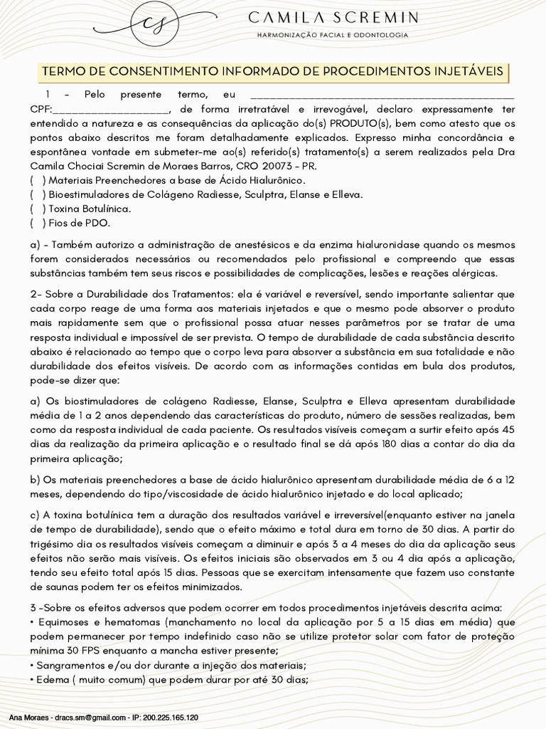 Termo De Consentimento Informado De Procedimentos Injetáveis Pdf