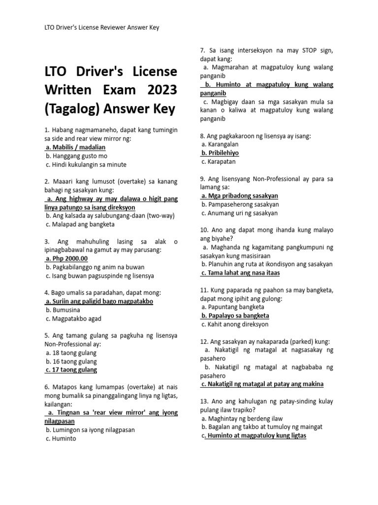 LTO Drivers License Written Exam 2023 Tagalog Answer Key | PDF