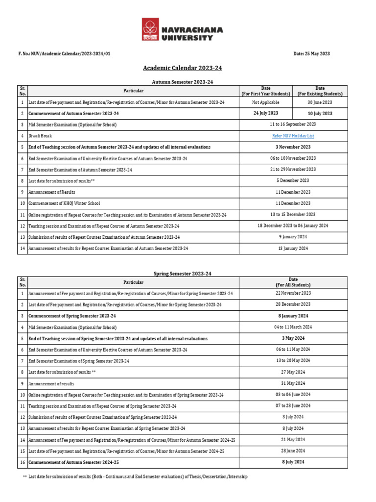 NUV - Academic Calendar 2023-24 | PDF | Academic Term | Thesis
