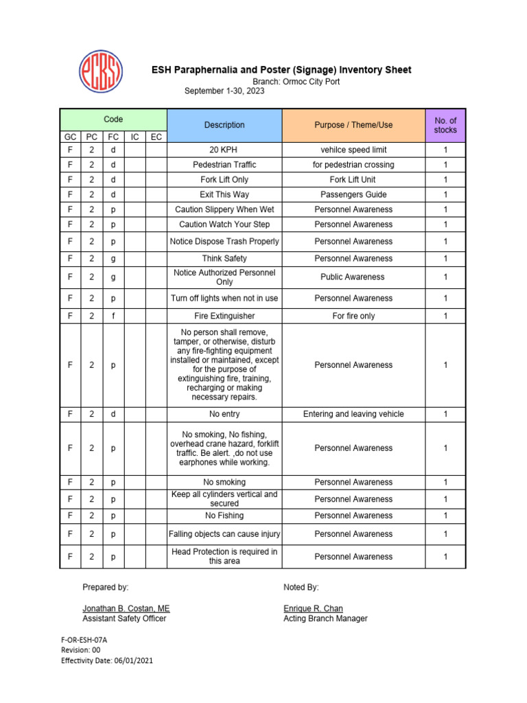 F-Or-ESH-07A ESH Paraphernalia and Poster Inventory Form 2 (1) | PDF ...