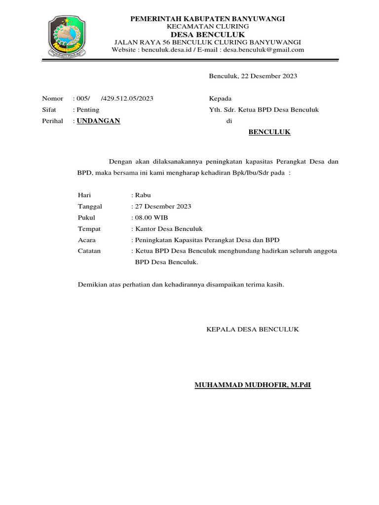 Undangan Peningkatan Kapasitas Perangkat Desa Dan BPD | PDF Undangan Peningkatan Kapasitas Perangkat Desa Dan BPD | PDF