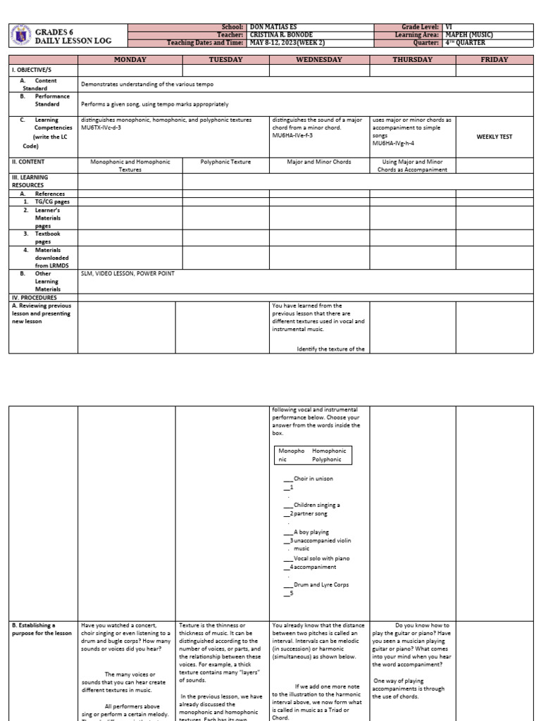 Mapeh DLL | PDF | Chord (Music) | Minor Scale