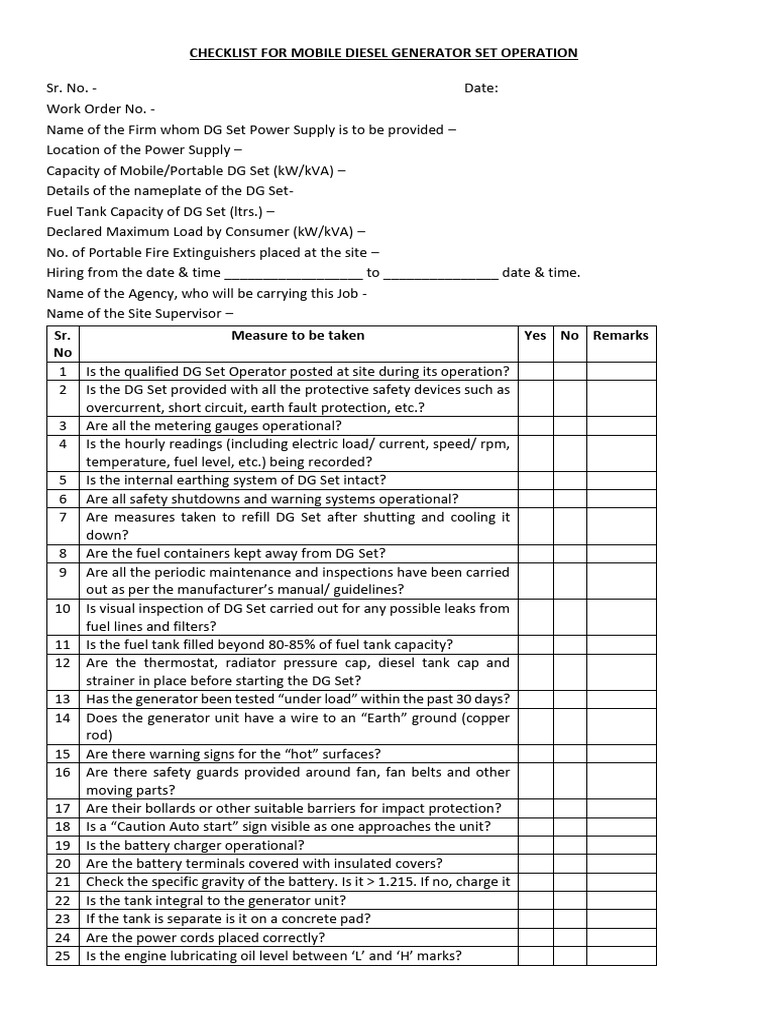 Mobile Diesel Generator Operation Checklist | PDF | Electricity ...