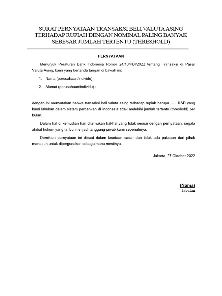 Surat Pernyataan Transaksi Beli Valuta Asing Terhadap Rupiah Dengan ...