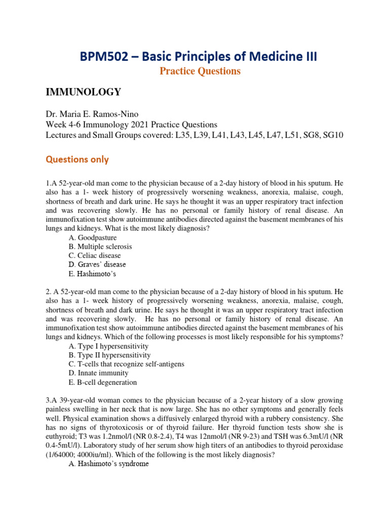 Week 5-6 - IMMU - Post Midterm Immunology - Practice Questions-2 | PDF | T Cell | Cytotoxic T Cell