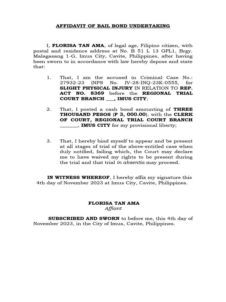 Affidavit of Bail Bond Undertaking Floriza Tan Ama | PDF