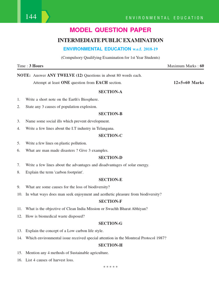 Environmental Education Model Questions Paper (EM) | PDF