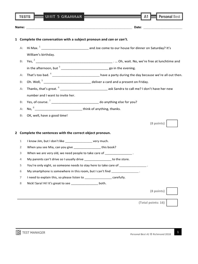 Personal Best A1 Unit 5 Grammar Test | PDF | Linguistics | Syntax