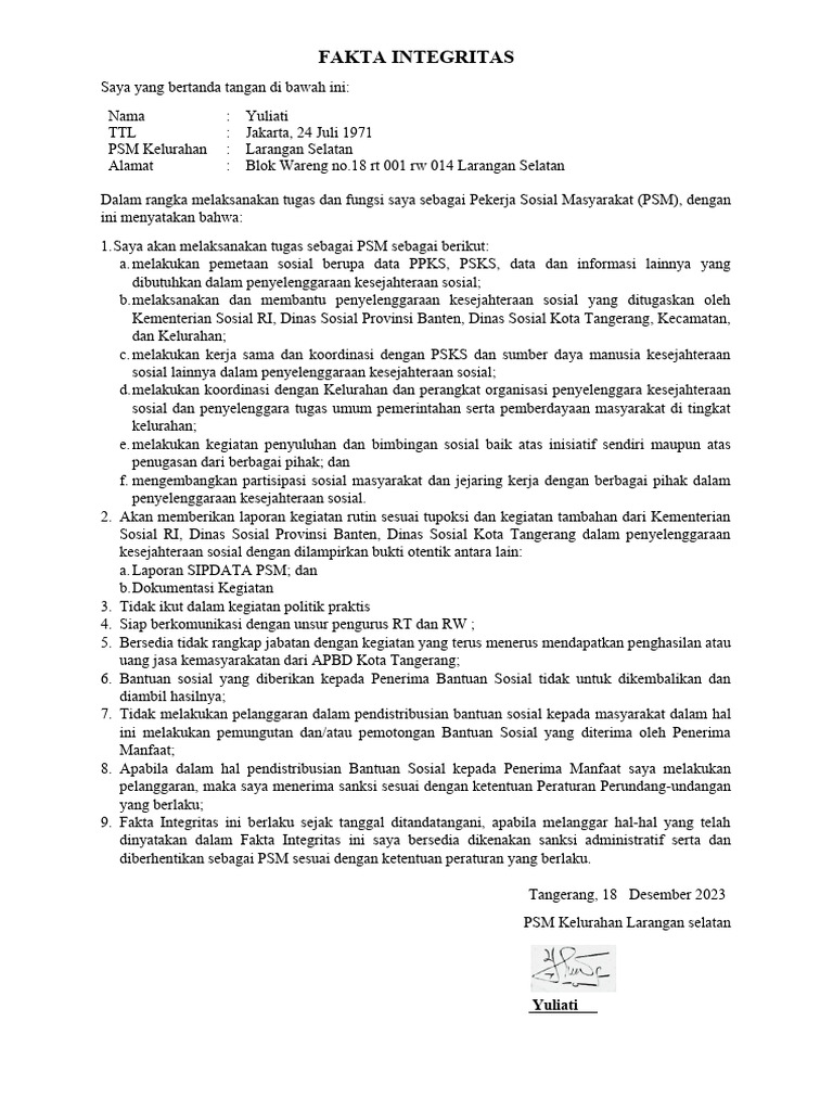 Fakta Integritas PSM Yuliati | PDF | Politik | Ilmu Sosial