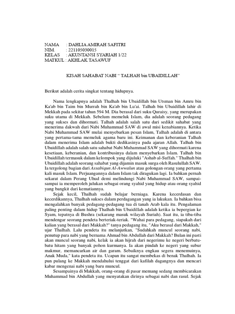 Talhah bin Ubaidillah: Sahabat Nabi yang Berani dan Dermawan | PDF ...