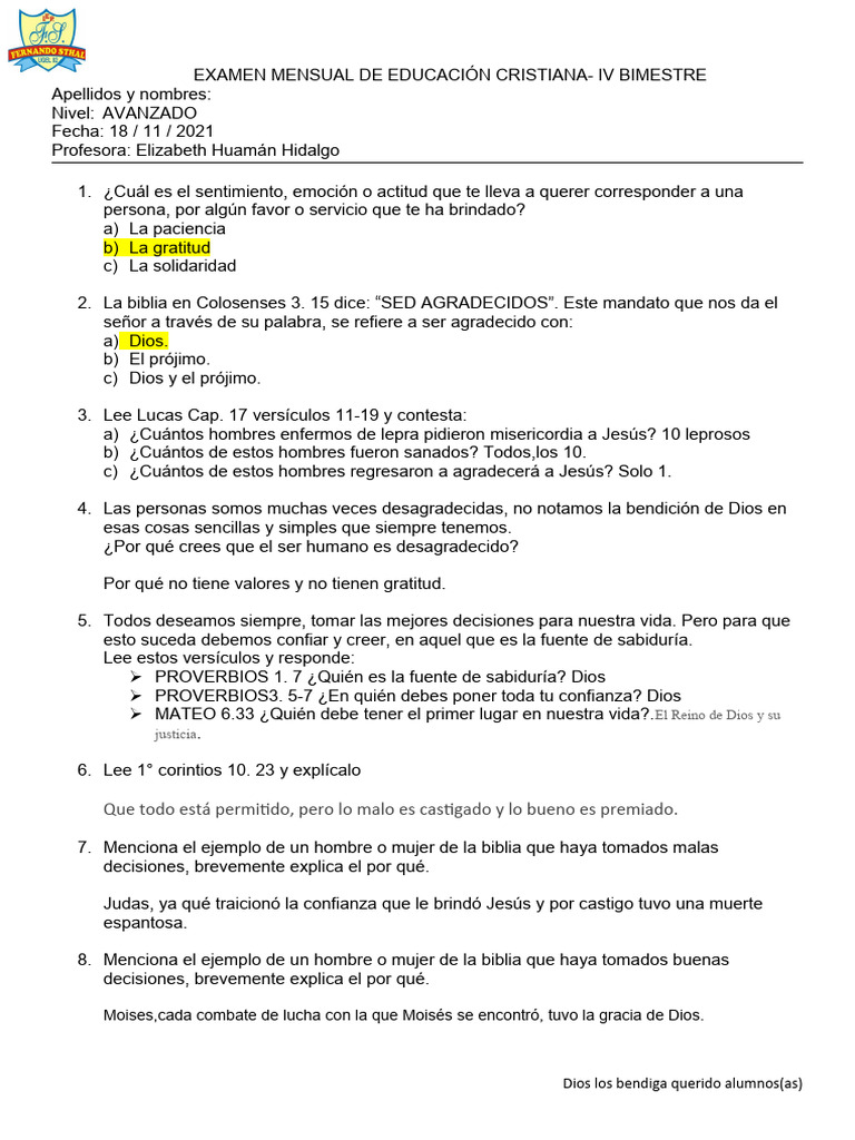 Examen Mensual de Educación Cristiana - Avanzado | PDF