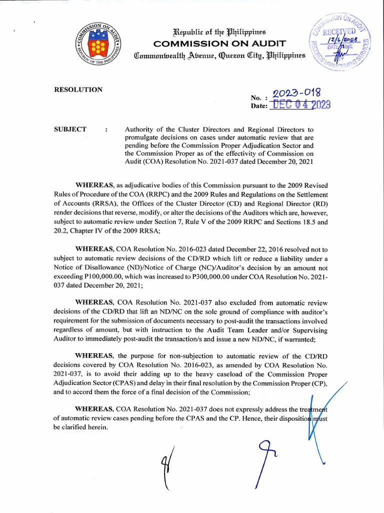 Coa Resolution No. 2023 - 018 - 0001 | PDF | Audit | Public Law
