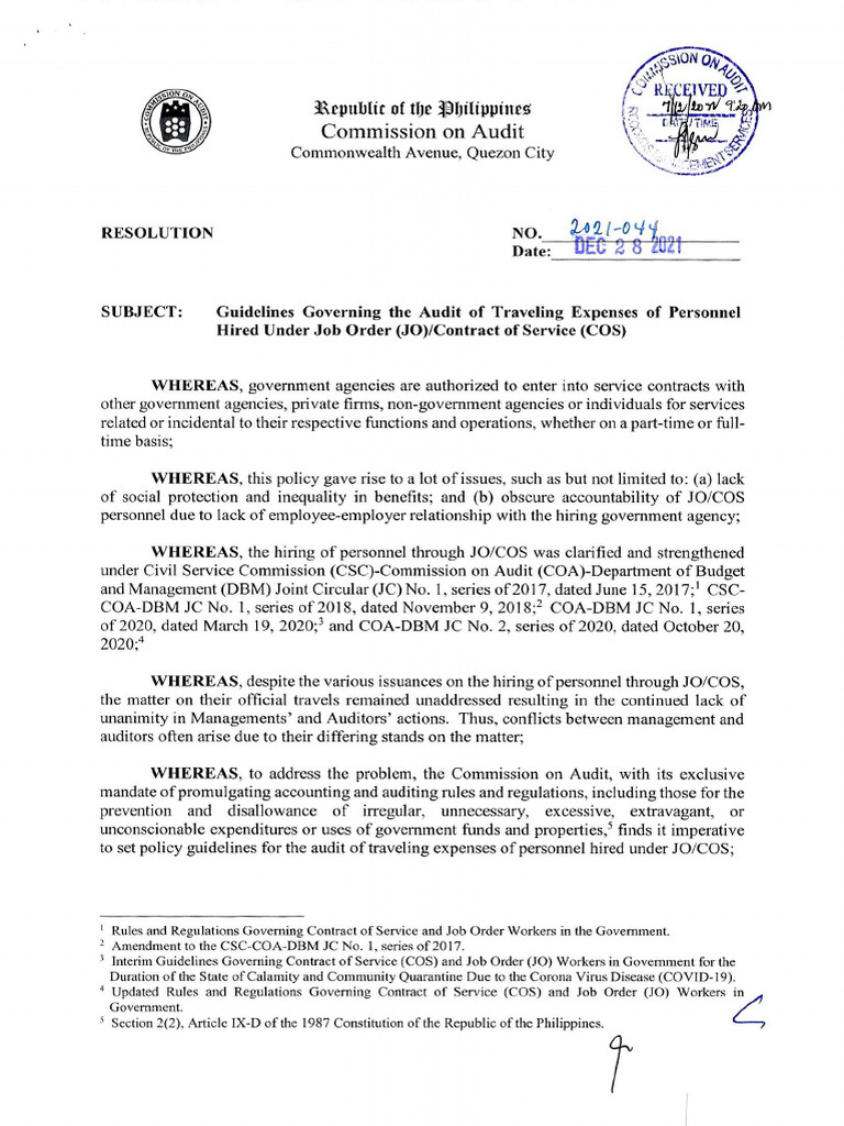 COA - R2021-044 Job Orders Travel Expenses | PDF