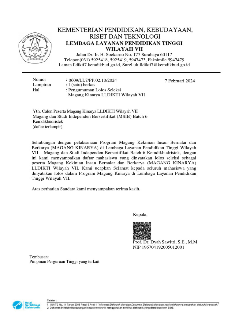 Pengumuman Lolos Magang Kinarya LLDIKTI VII | PDF