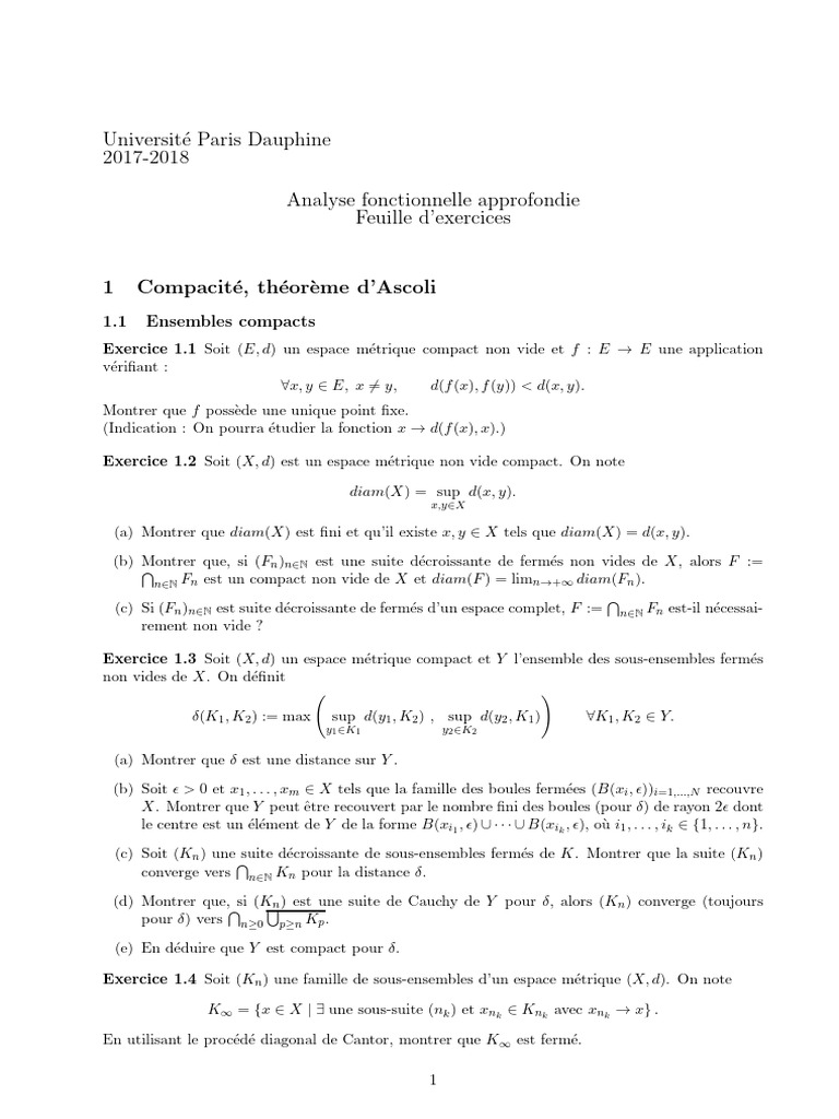 Exercices d'analyse fonctionnelle 2017-2018 | PDF | Compacité ...