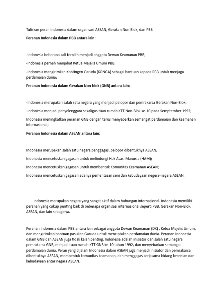 Peran Indonesia Dalam Organisasi ASEAN, Gerakan Non Blok, Dan PBB | PDF