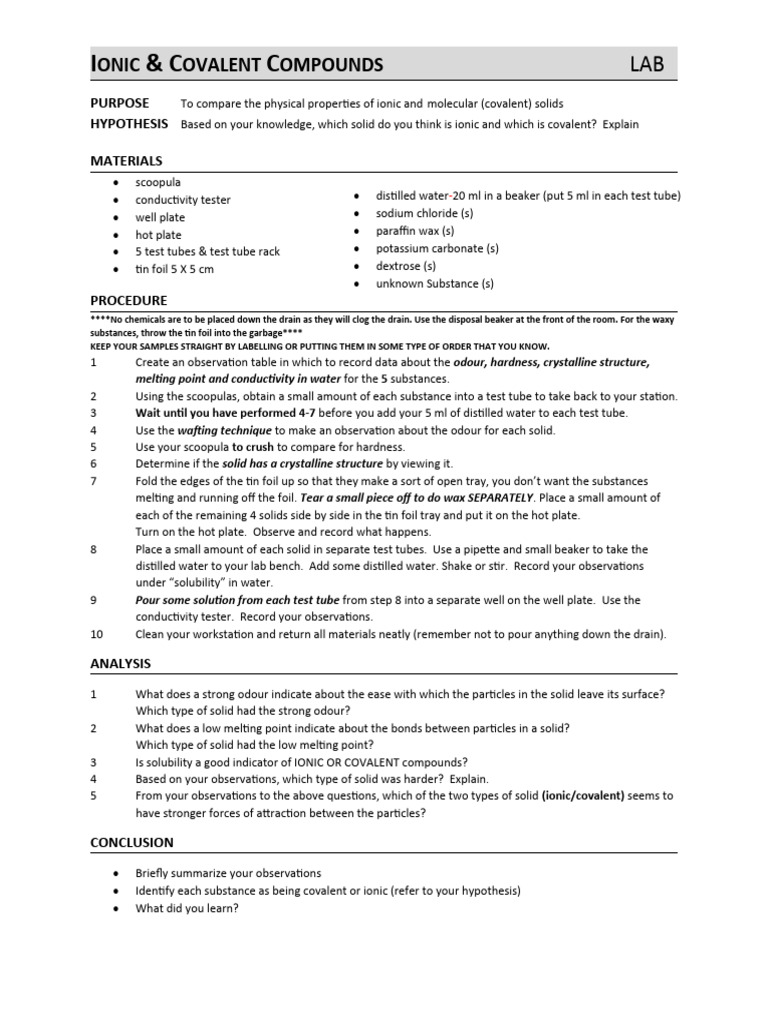 Chemistry Lab: Ionic vs. Covalent | PDF | Chemical Substances | Ionic ...