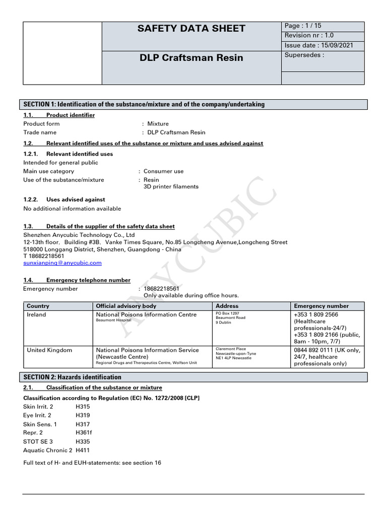 EN SDS DLP Craftsman Resin SDS SGS GHS ANNEXII CLP 2021915 SGS-SHENZHEN ...