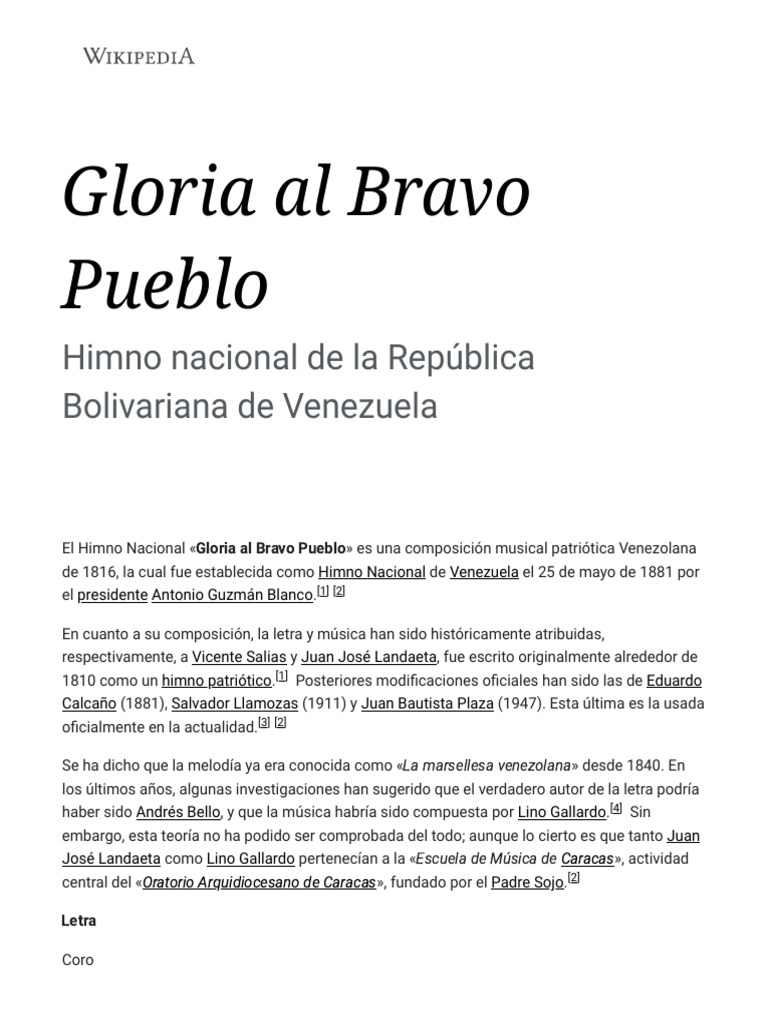 Gloria Al Bravo Pueblo | PDF | Venezuela | Himnos