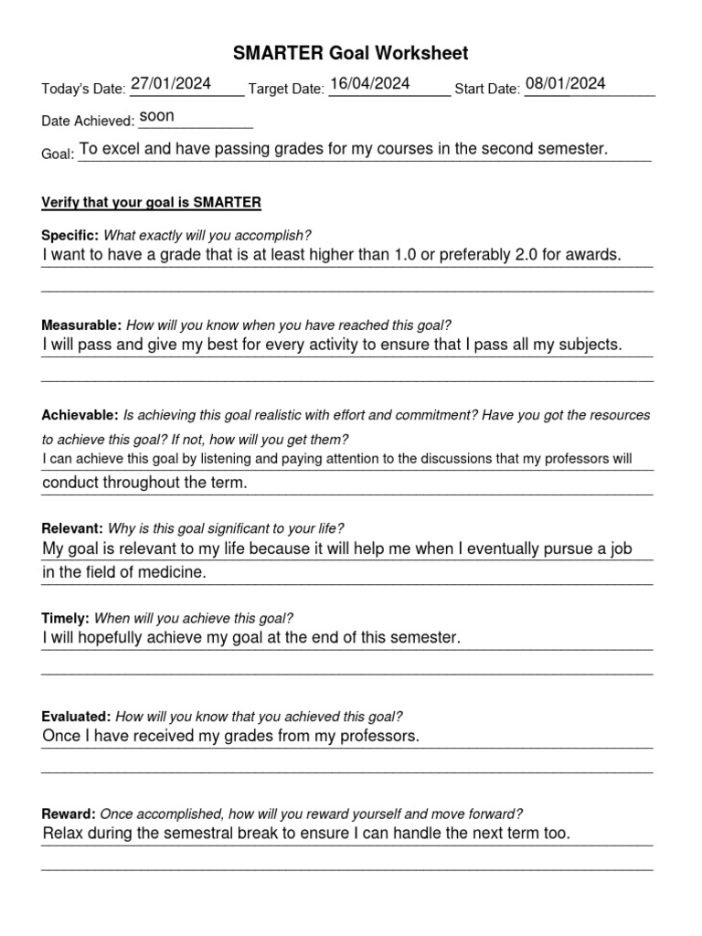 SMARTER Goals Worksheet Fillable | Download Free PDF | Goal | Cognition