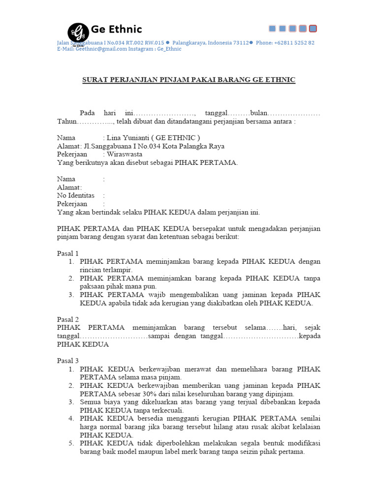 Surat Perjanjian Pinjam Barang | PDF