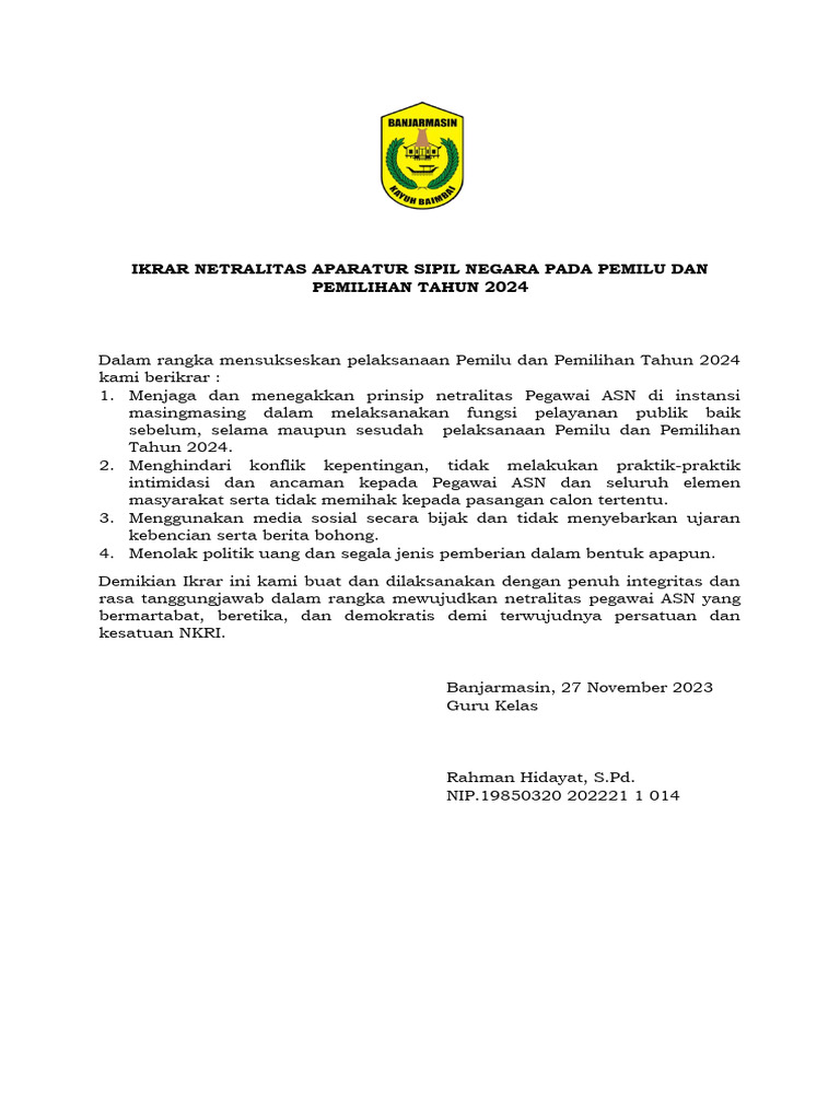 Surat Netralitas ASN Dalam Pemilihan Umum Dan Pemilihan Kepala Daerah Serentak Tahun 2024 PPPK | PDF