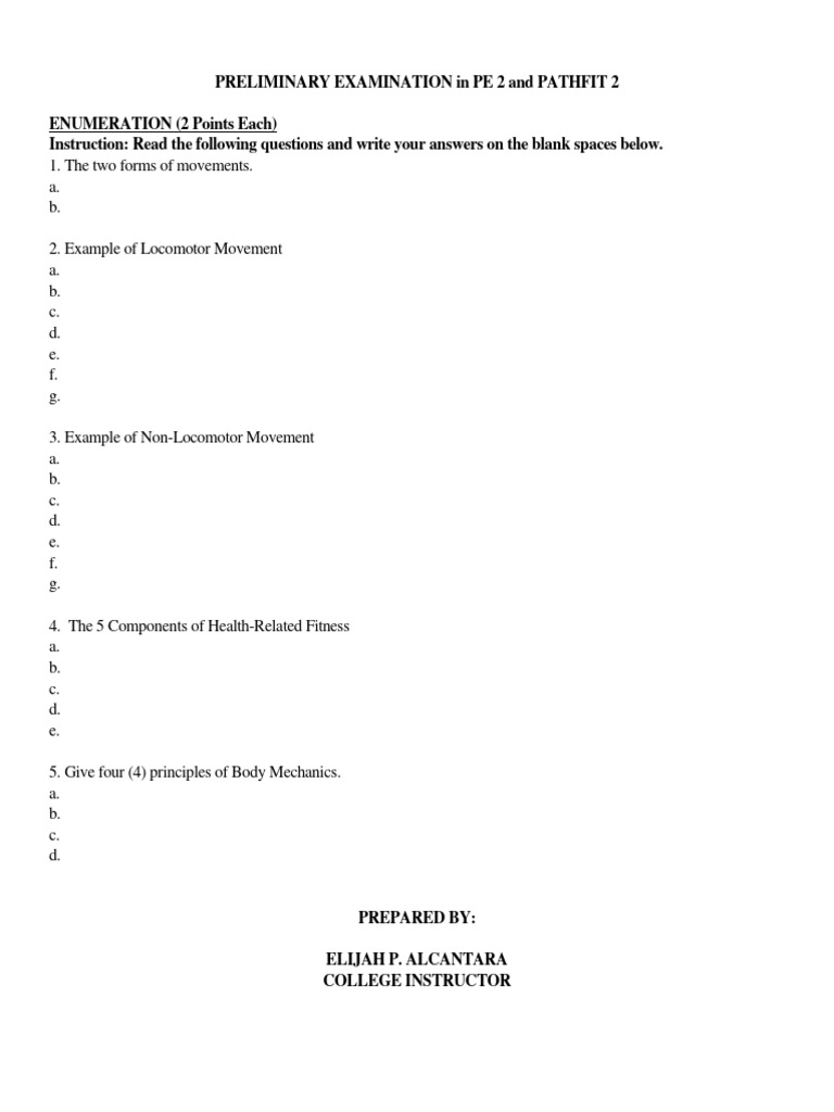 Pe2 and Pathfit 2 Preliminary Examination | PDF | Teaching Methods ...
