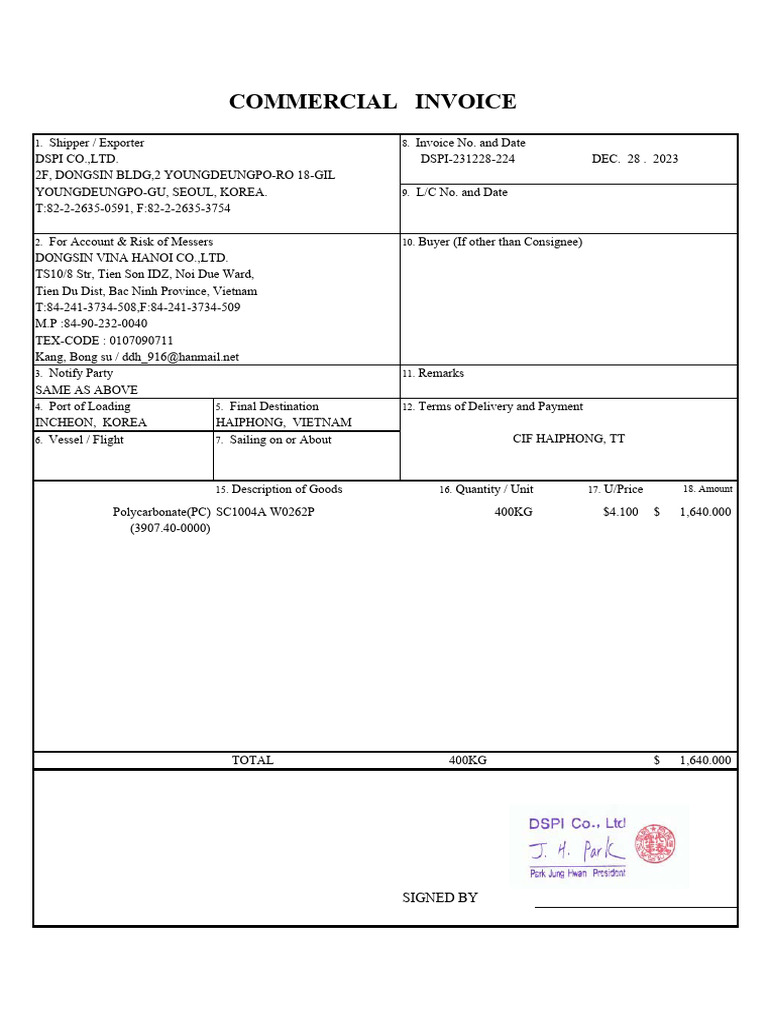 (LCL) DSPI-231228-224 SC1004A 400KG Inv - PKL | PDF | Logistics | Transport