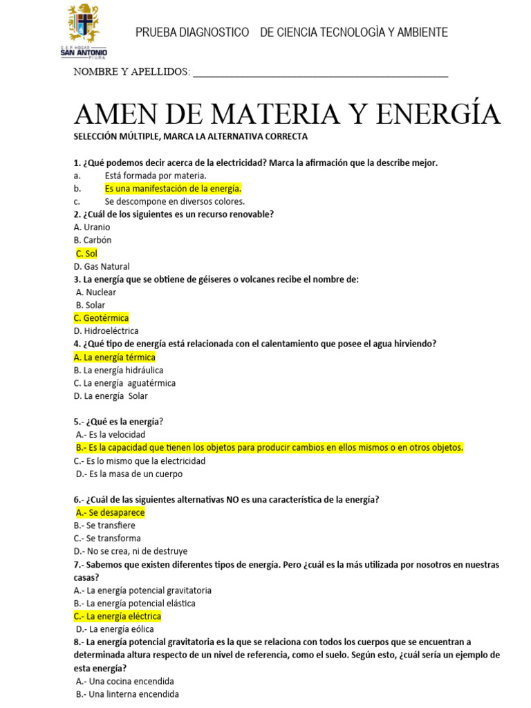 1.prueba Bimestral DE CTYA-6ºTO EPM | PDF | Energía renovable | Tecnología energética
